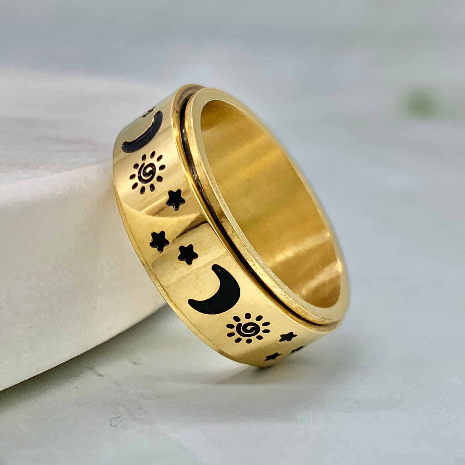 Fidget Ring Moon Stars Sun Anxiety Ring Spinner Silver Gold Spinner ...