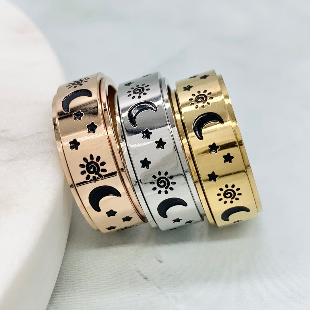 Fidget Ring Moon Stars Sun Anxiety Ring Spinner Silver Gold Spinner ...