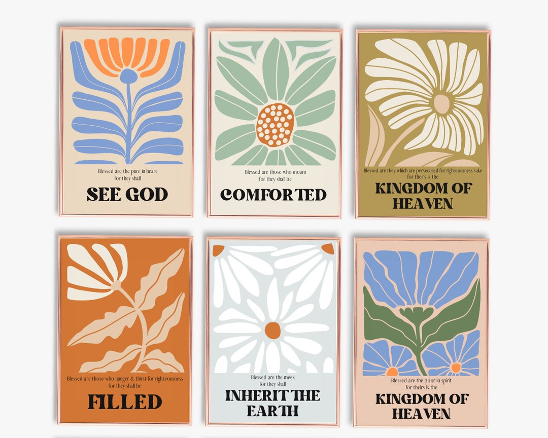 The Beatitudes Wall Art Prints | Retro Flower Bible Verse Decor ...