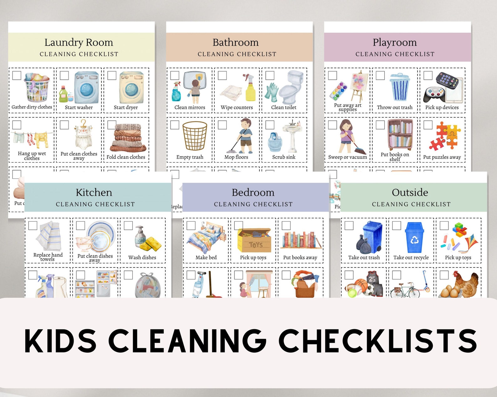 Kids Cleaning Checklists With Visual Images | Kids Daily Routine Chore ...