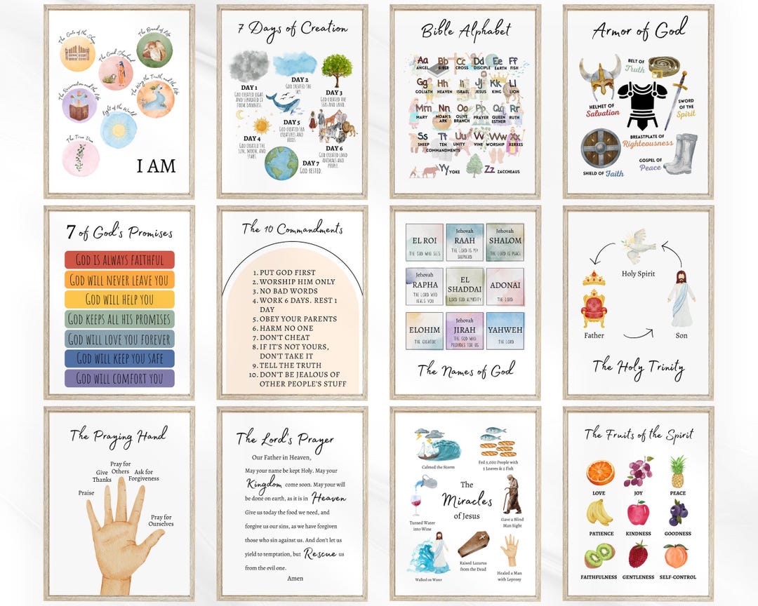 Set of 12 Christian Wall Art Decor Prints Kids Bible Lessons Sunday ...