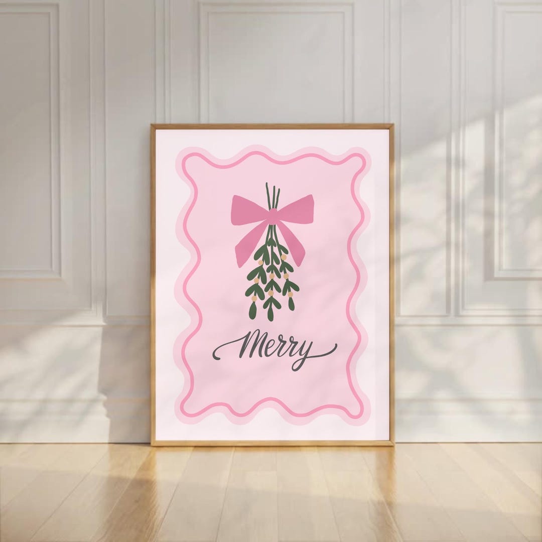 Preppy Pink Mistletoe Christmas Wall Art: Holiday Home Decor Printable ...