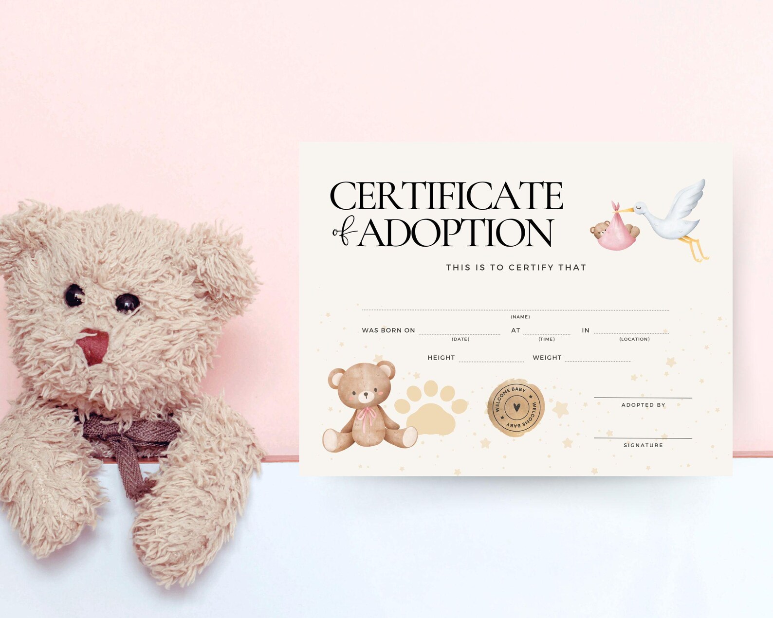 Personalized Teddy Bear Adoption Certificate, Printable Keepsake ...