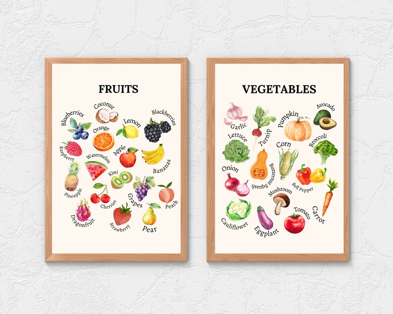 Fruits and Vegetables Educational Prints Kids Food Charts Montessori ...