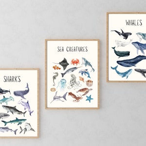 Sea Creatures Poster Set of 3 | Whales and Sharks Prints | Ocean Themed ...