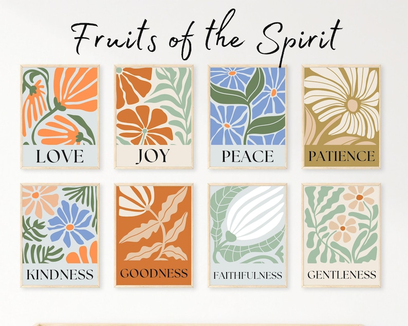 Fruits of the Spirit Wall Art Set of 9 | Retro Flower Christian Bible ...