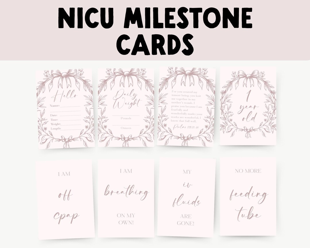 NICU Milestone Cards Printable | Vintage Pink Bow | Preemie Baby Girl ...