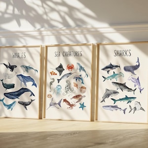 Sea Creatures Poster Set of 3 | Whales and Sharks Prints | Ocean Themed ...
