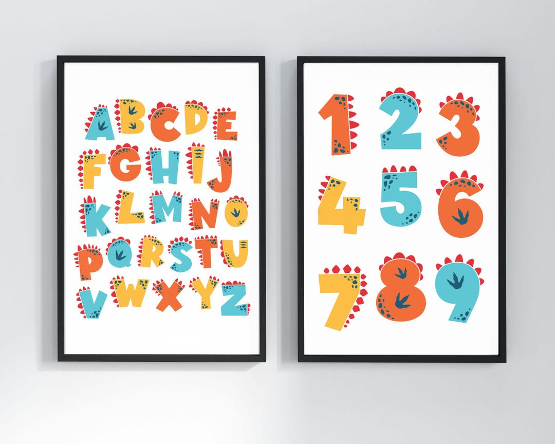 Dinosaur Alphabet and Numbers Print Set, Kids Educational Wall Art ...