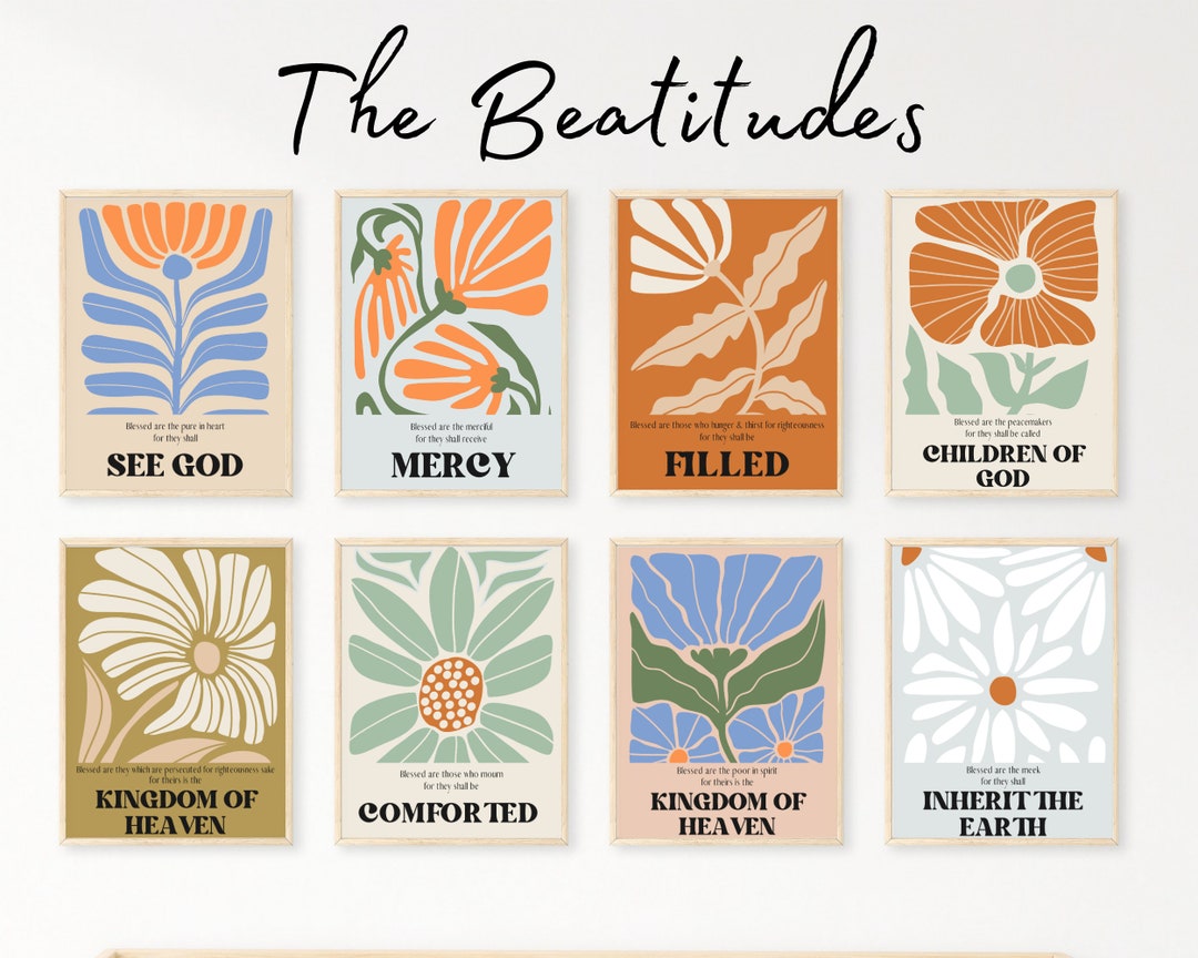 The Beatitudes | Retro Christian Wall Art Set of 8 | Bible Verse ...