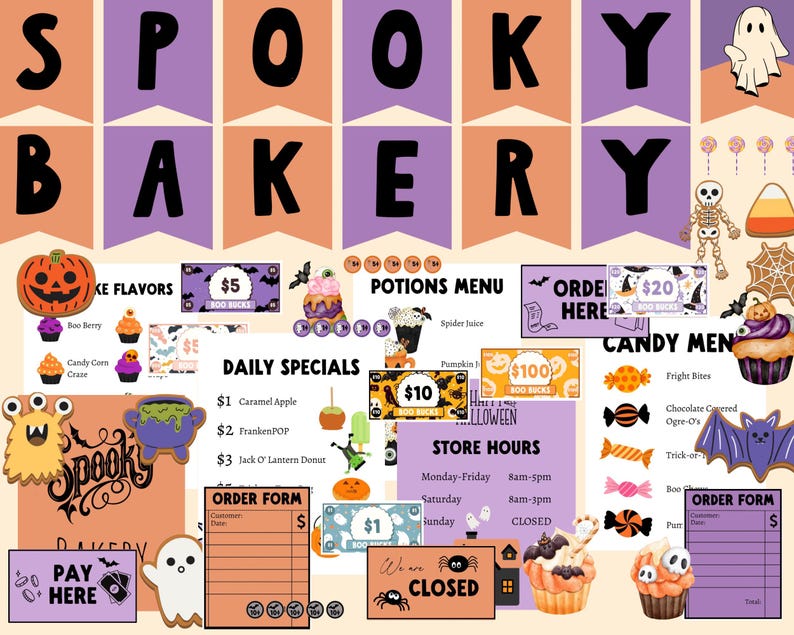 Halloween Pretend Play Kitchen Printables | Spooky Bakery Treat Shop ...