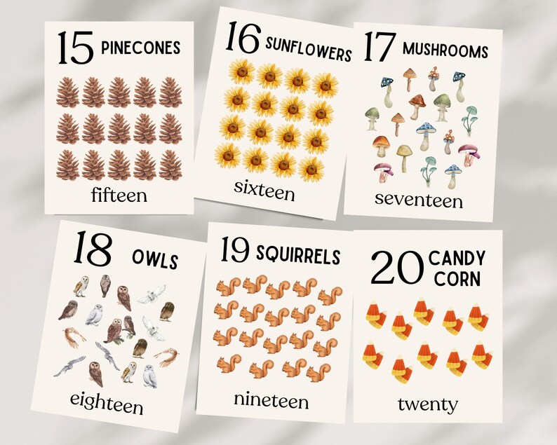 Autumn Number Flash Cards 1-20 Printable | Montessori 3-part Cards ...
