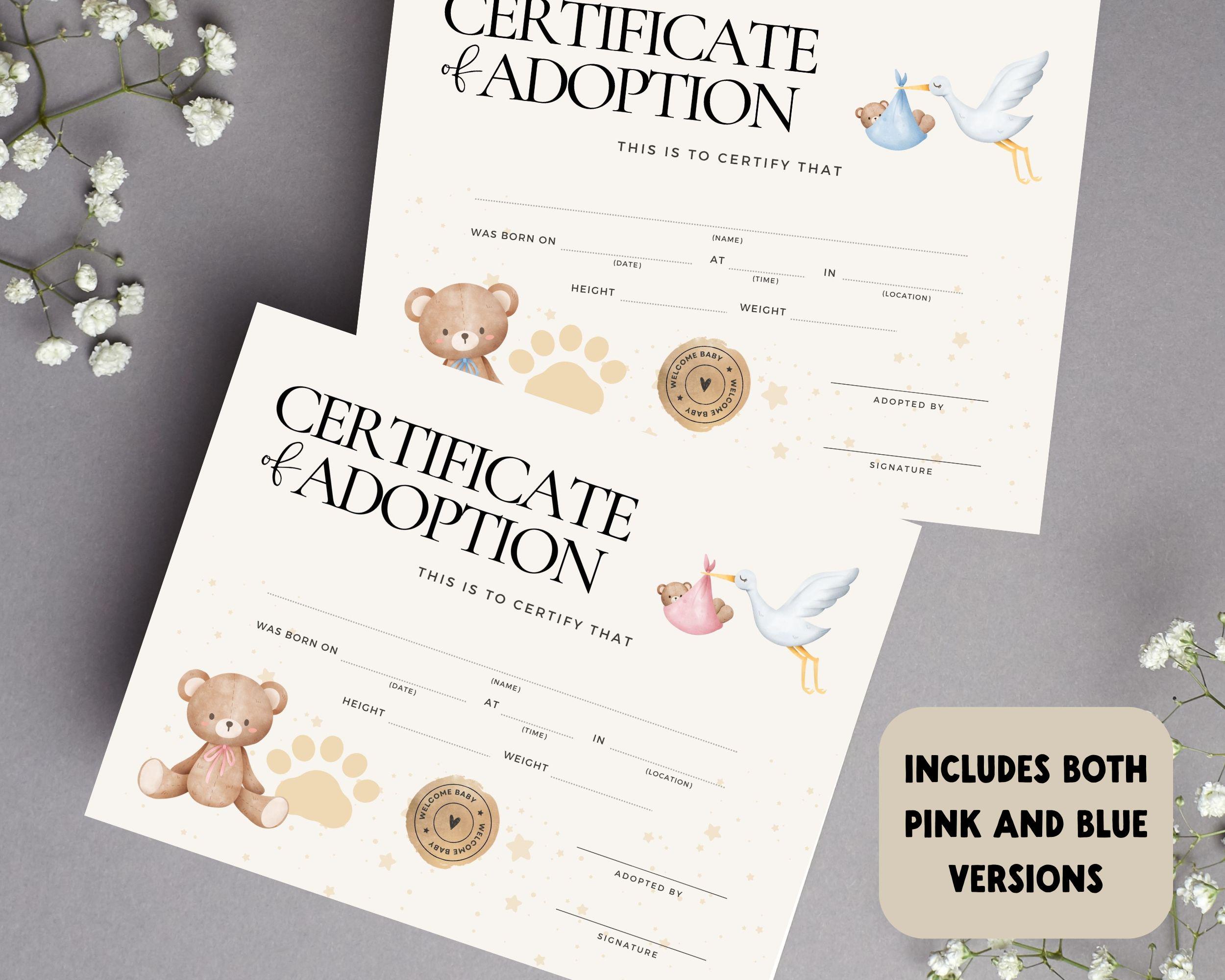 Personalized Teddy Bear Adoption Certificate, Printable Keepsake ...