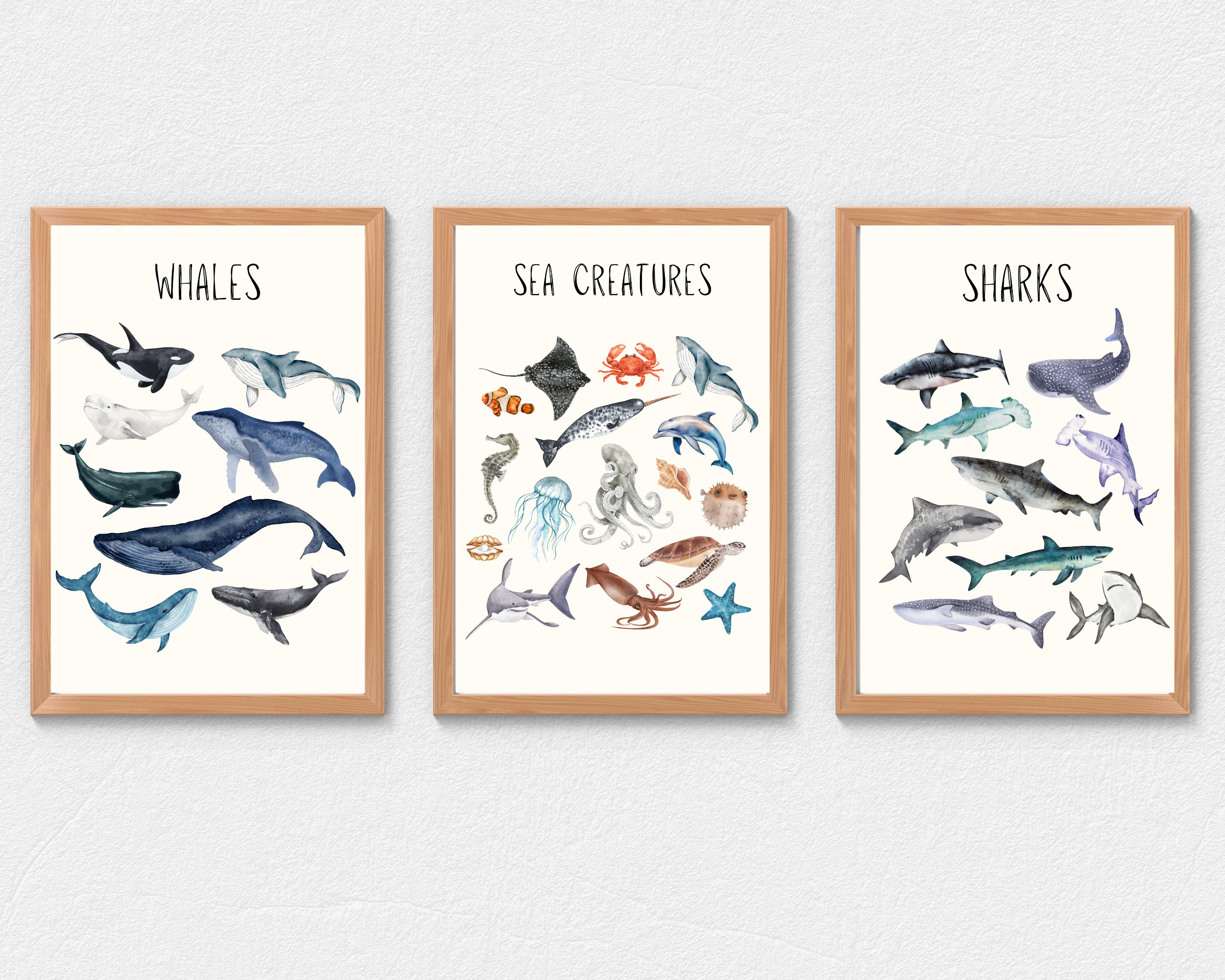 Sea Creatures Poster Set of 3 Whales and Sharks Prints Ocean Themed ...