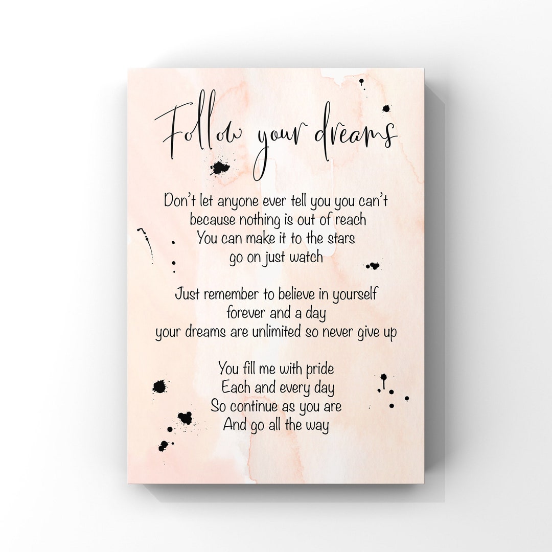 Follow Your Dreams Poem, Encouraging Gift, Gift for Her, Well Done Gift ...