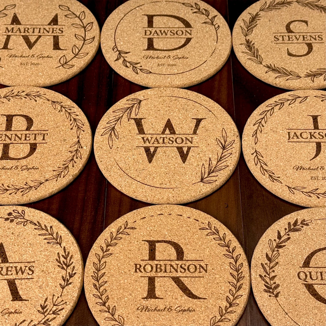 Custom Monogram Cork Coasters - Personalized Family Name Coasters ...