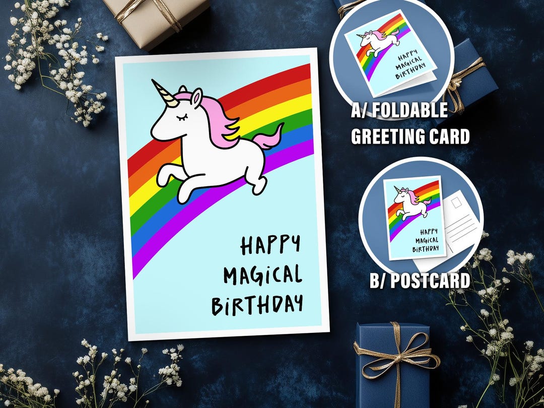 Printable Funny Birthday Card - Magical Unicorn. Postcard & Foldable ...