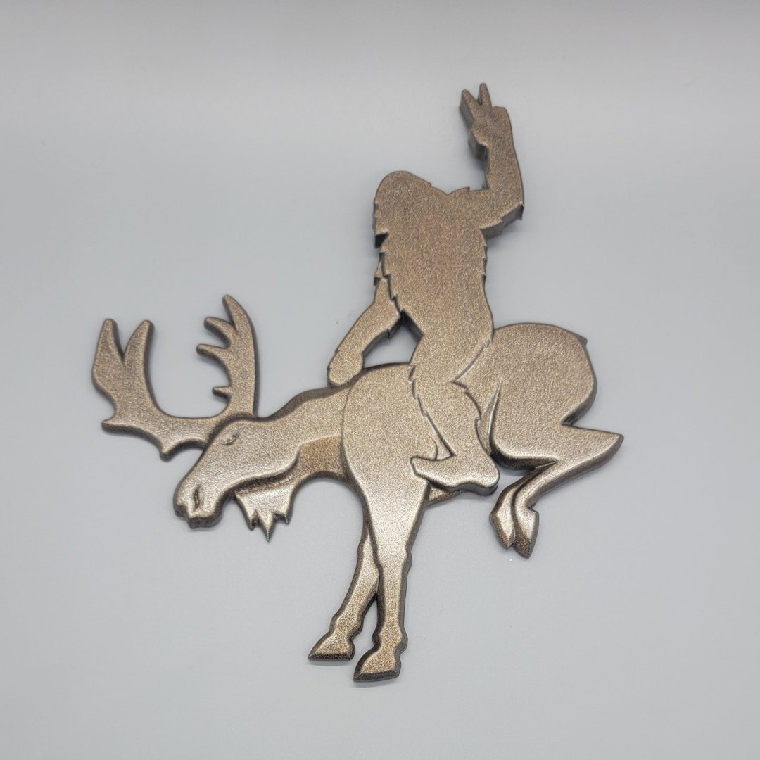 Sasquatch Riding Bucking Moose With Peace Sign Emblem Replaces Bronco ...