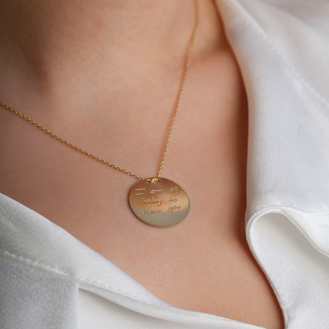 Personalized Engraved Large Disc Necklace, Custom Handwriting Disc ...