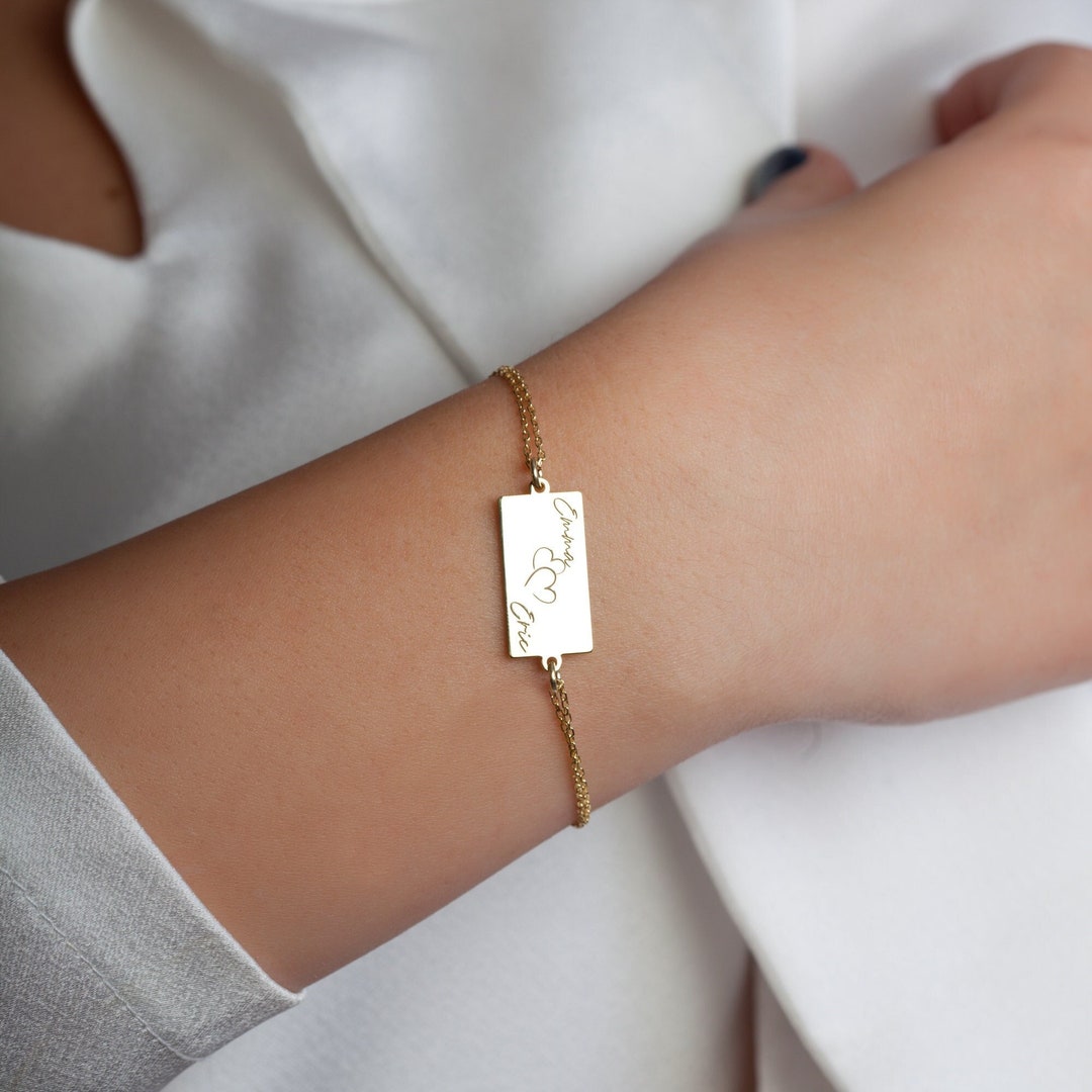 Personalized Two Name Bracelet With Heart, Custom Engraved Name ...