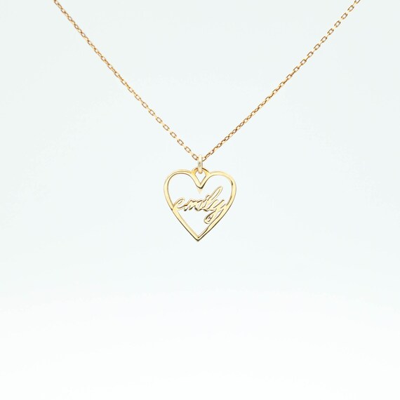 Personalized 14k Gold Heart Name Necklace Custom Handwriting | Etsy