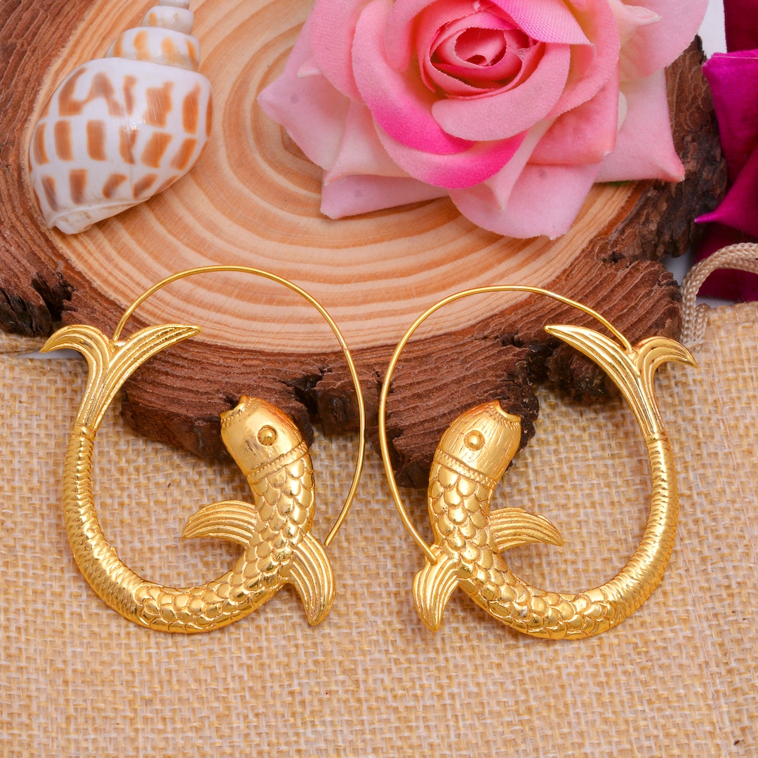 Gold Fish Hoop Earrings | Handmade Boho Statement Jewelry - Etsy