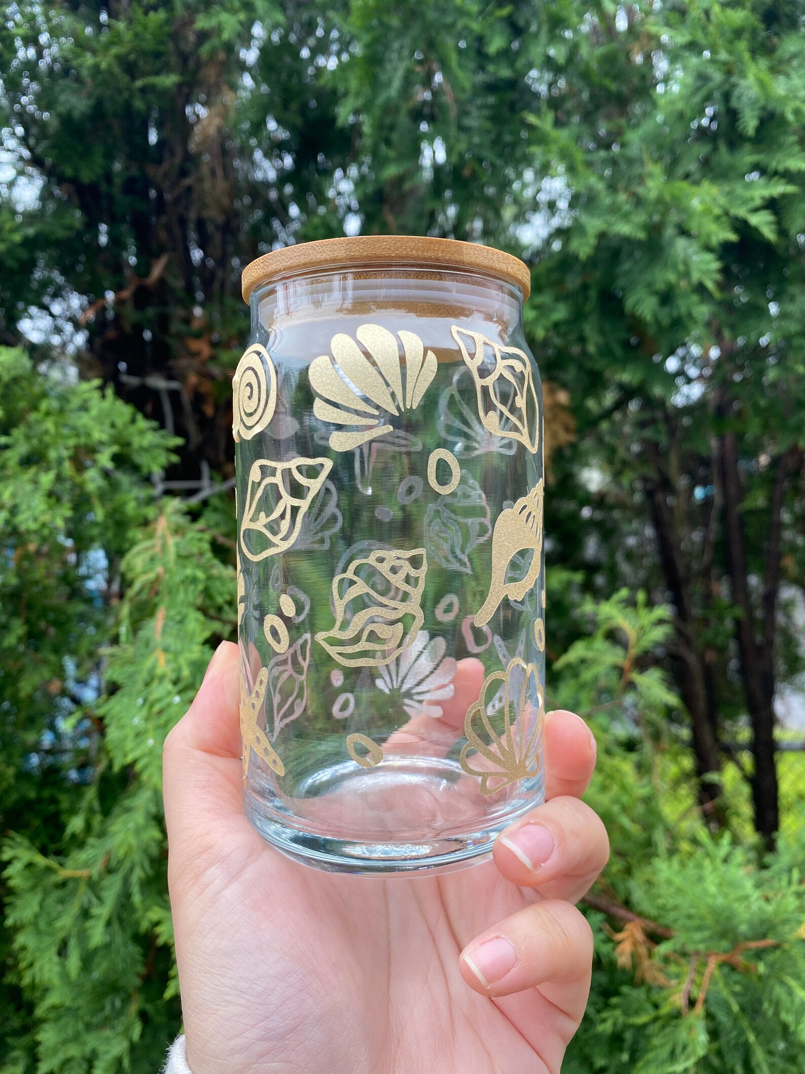 Sand & Shells 16oz Glass Cup Bamboo Lid Iced Coffee Cups Glass Beer Can ...