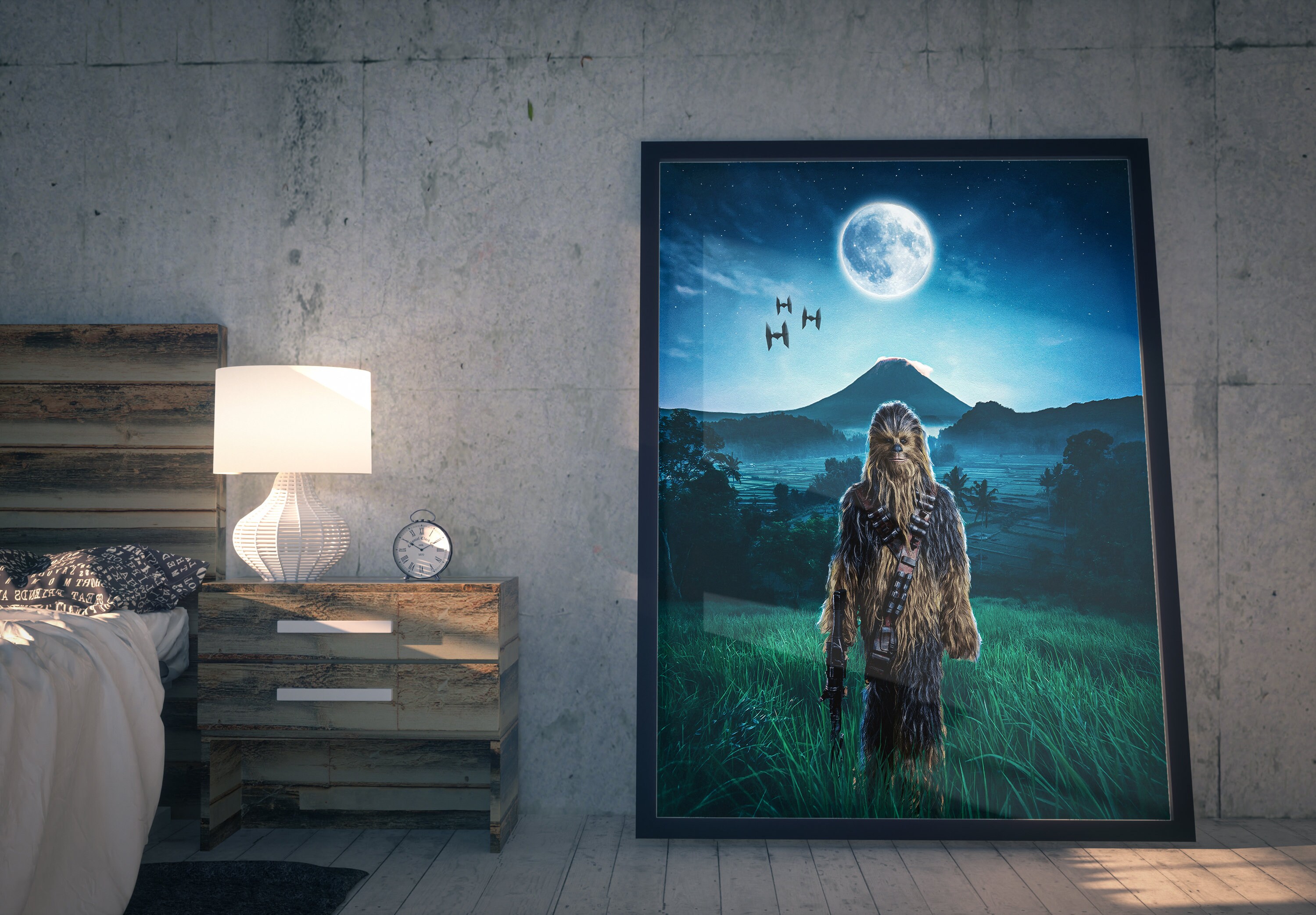 Chewbacca Star Wars Landscape Wall Art, Large Print, Full Moon ...