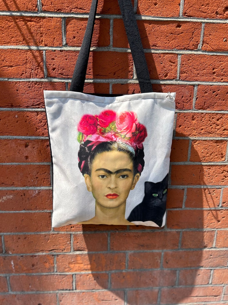 Unique Print Design Tote Bag, Frida Kahlo Colourful Zip up Tote Shoulder Bag, Frida Kahlo and ...