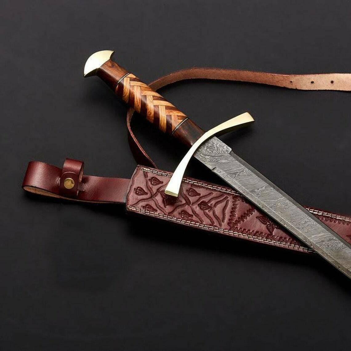 Custom Handmade Damascus Steel Beautiful Sword With Rose Wood Handle ...