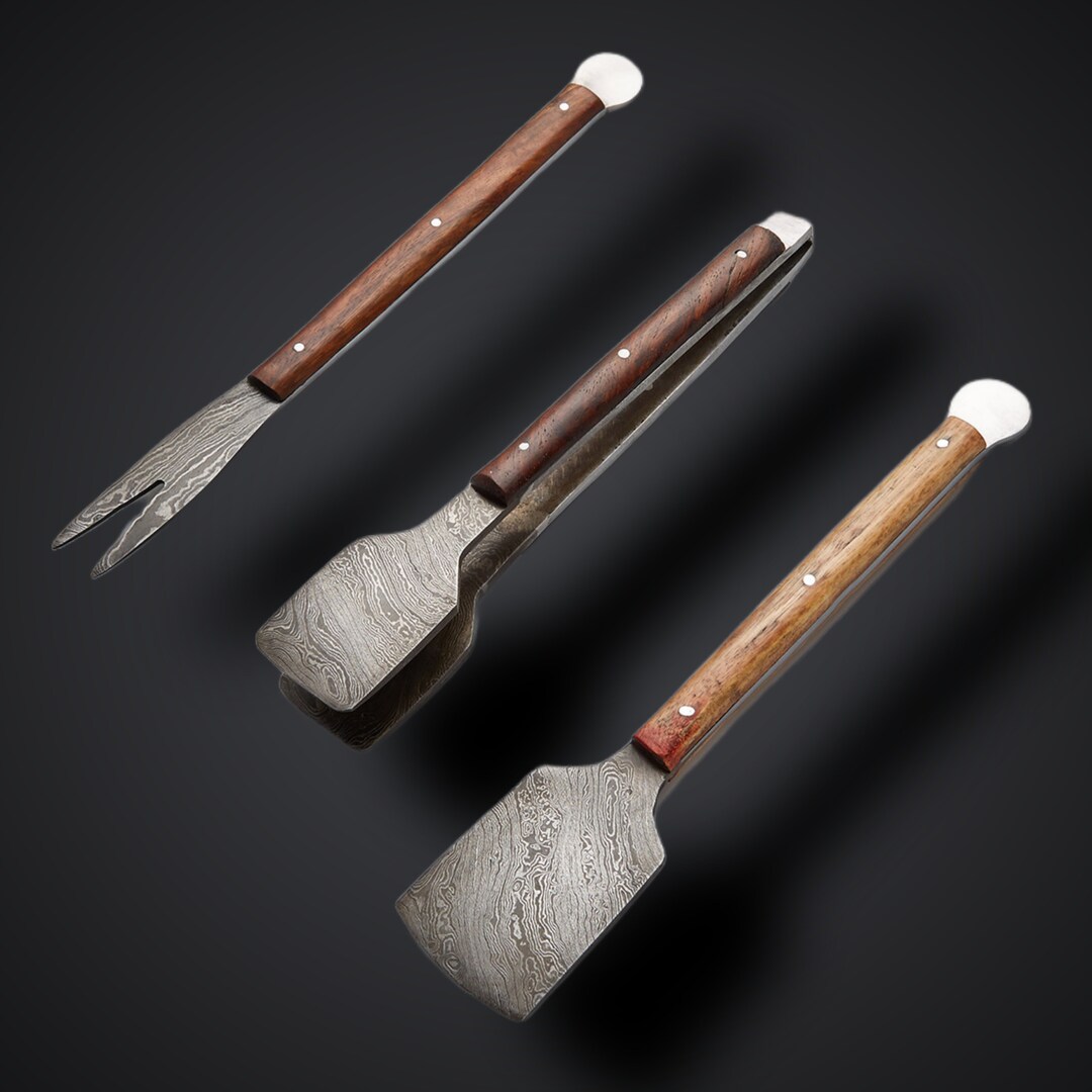 Bbq Tong Set Damascus Steel Tongs Set Wooden BBQ Tool Set Gift Ideas ...