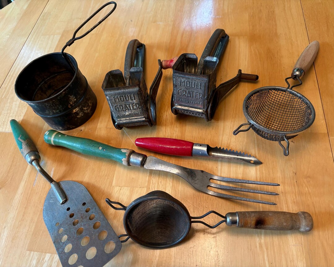 Vintage Farmhouse Kitchen Utensils | Sifter, Graters, Strainer, Fork - Etsy