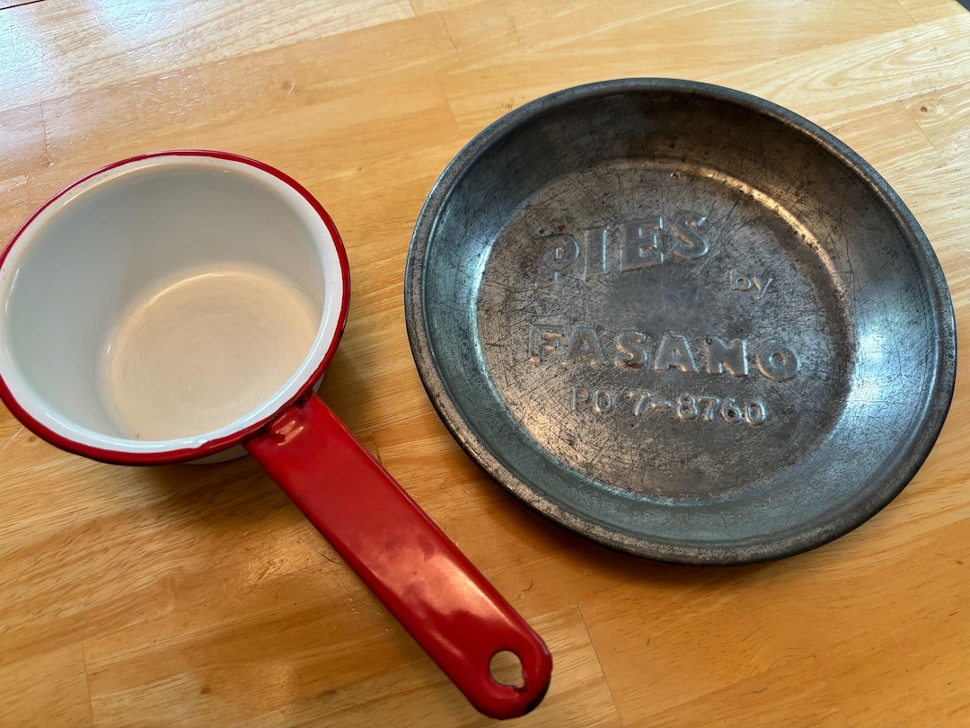 Vintage Pie Plate | Red/white Enamel Pot | Tin Bucket | Farmhouse ...