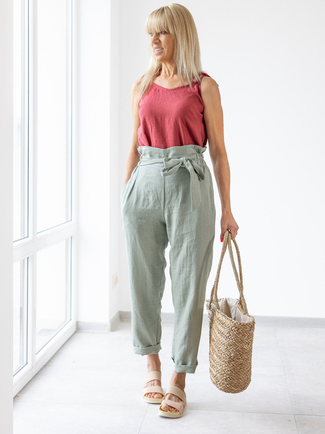 READY TO SHIP / Bella Women Paper Bag Linen Pants / High Waisted Linen ...