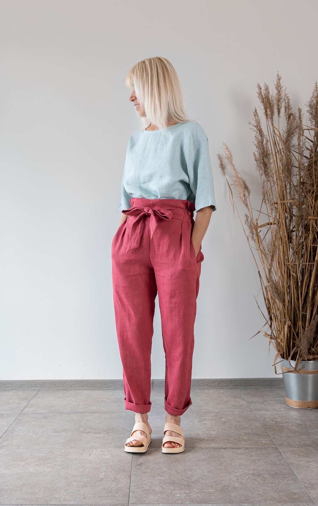 RED Linen Pants BELLA / Tapered Linen Pants / Elegant Pants / Paper Bag ...