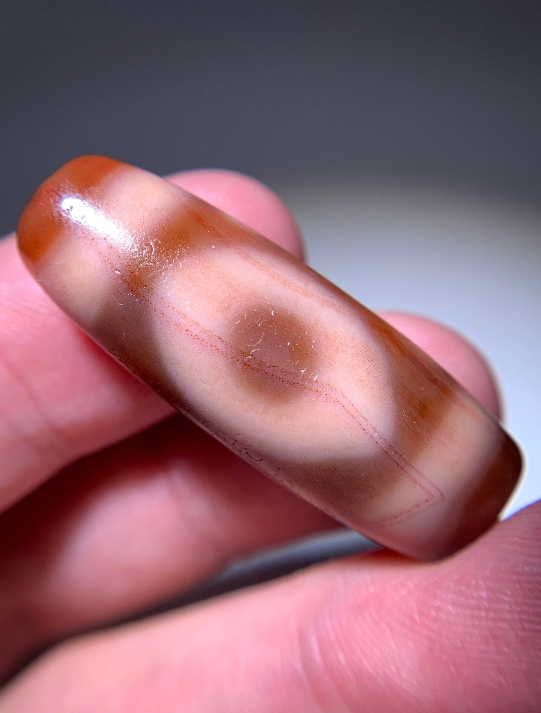 Tibetan Red Dzi Cinnabar Bead Heaven & Earth Amulet Pendant 35mm X 13mm ...