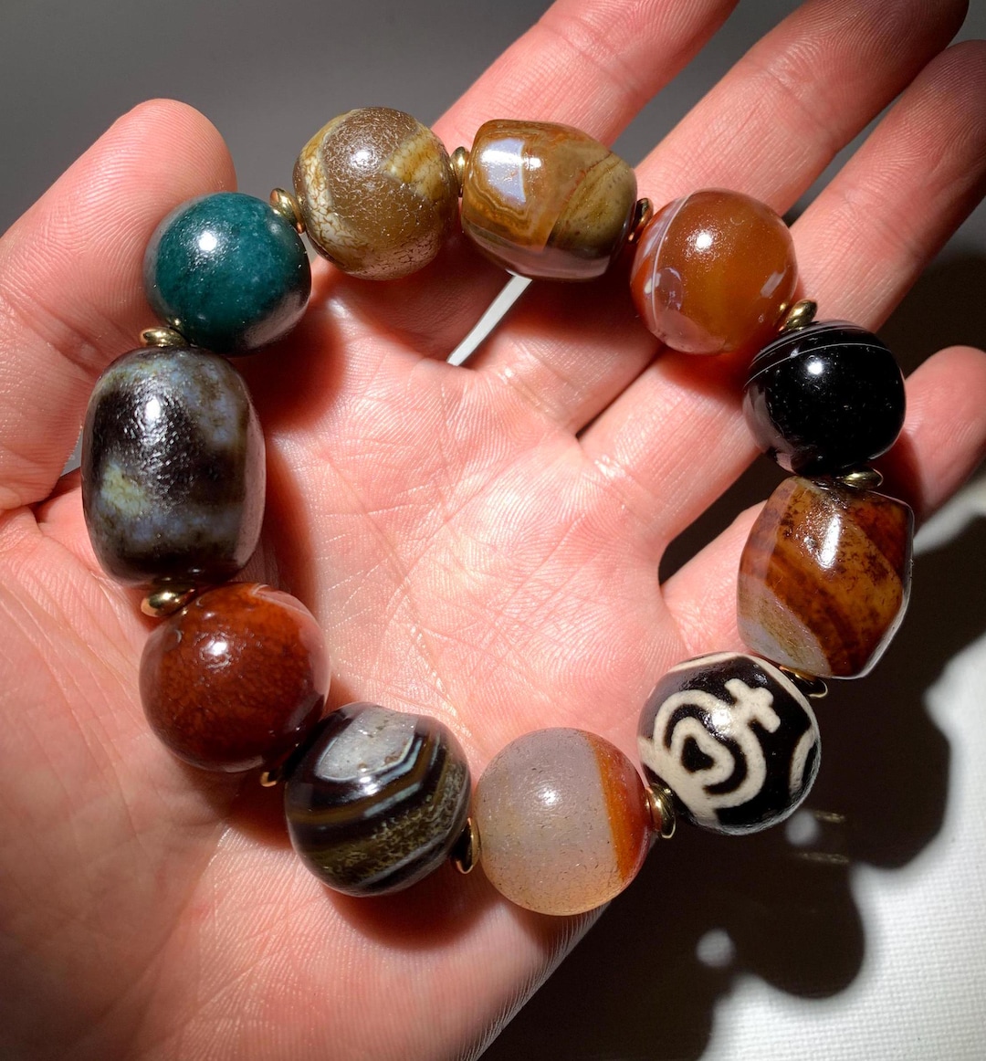 Dzi Beads " Aquarius , Water Wave " Amulet Bracelet 18.5mm One of a ...