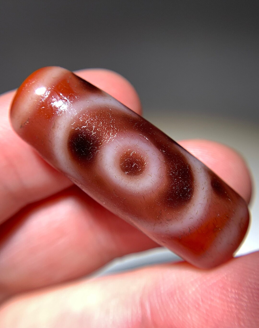 Tibetan Red Dzi Bead " 3 Eyes & Lotus " Amulet Pendant 35.8mm X 13.2mm ...