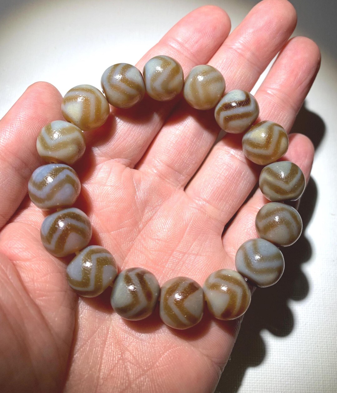 Tibetan Agate Dzi Beads " Water Wave " Amulet Bracelet 13.5mm One of a ...