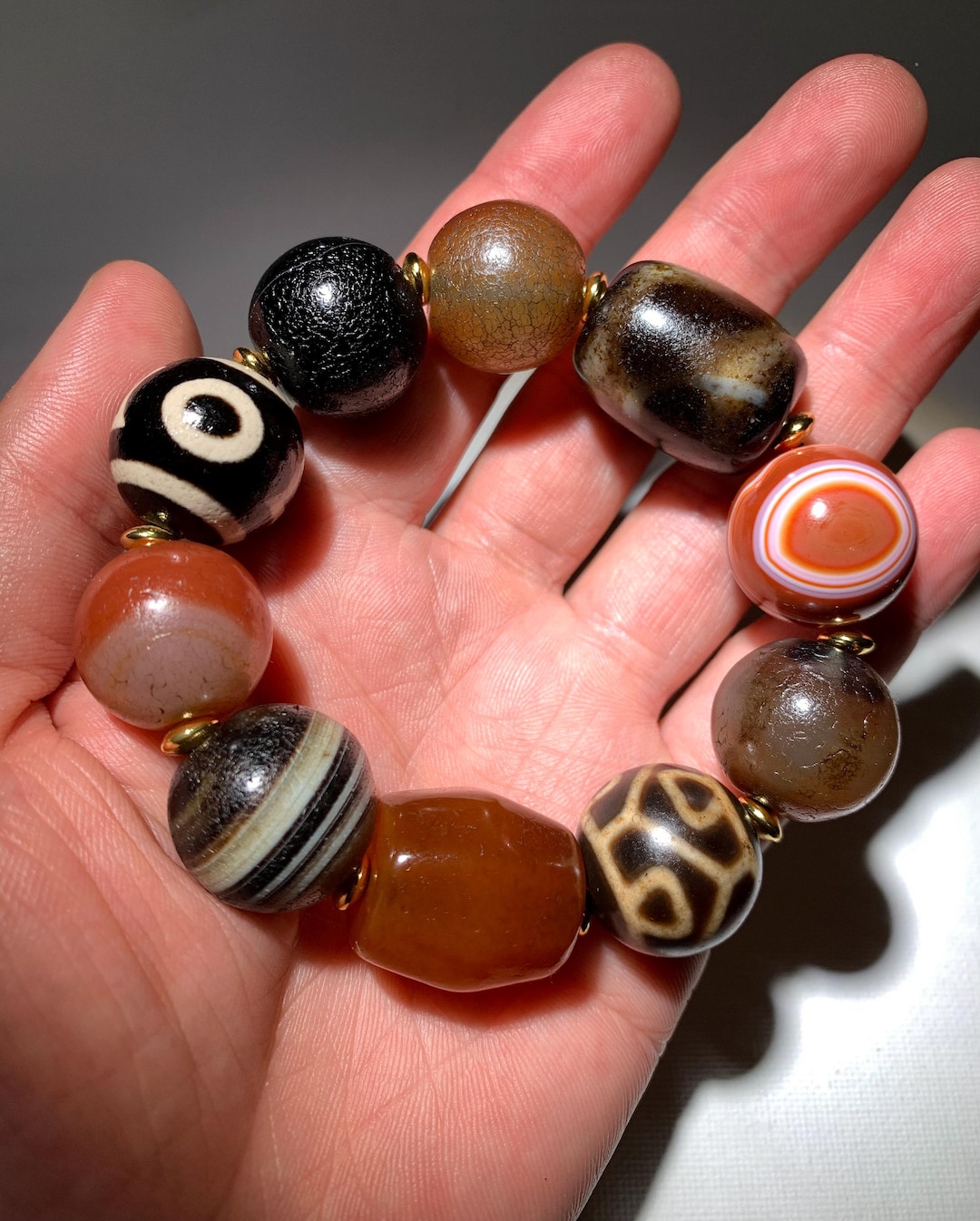 Tibetan Agate Dzi Beads " Lotus , Heaven & Earth " Amulet Bracelet 19mm ...