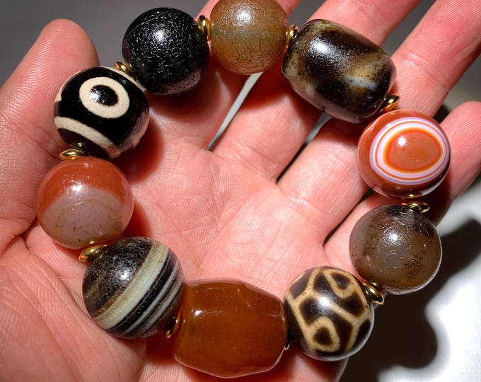 Tibetan Agate Dzi Beads " Lotus , Heaven & Earth " Amulet Bracelet 19mm ...