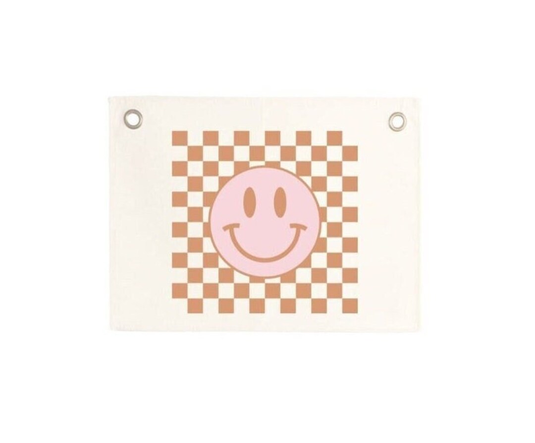 Checkered Smiley Face Banner / Canvas Wall Flag / Wall Art for Nursery ...