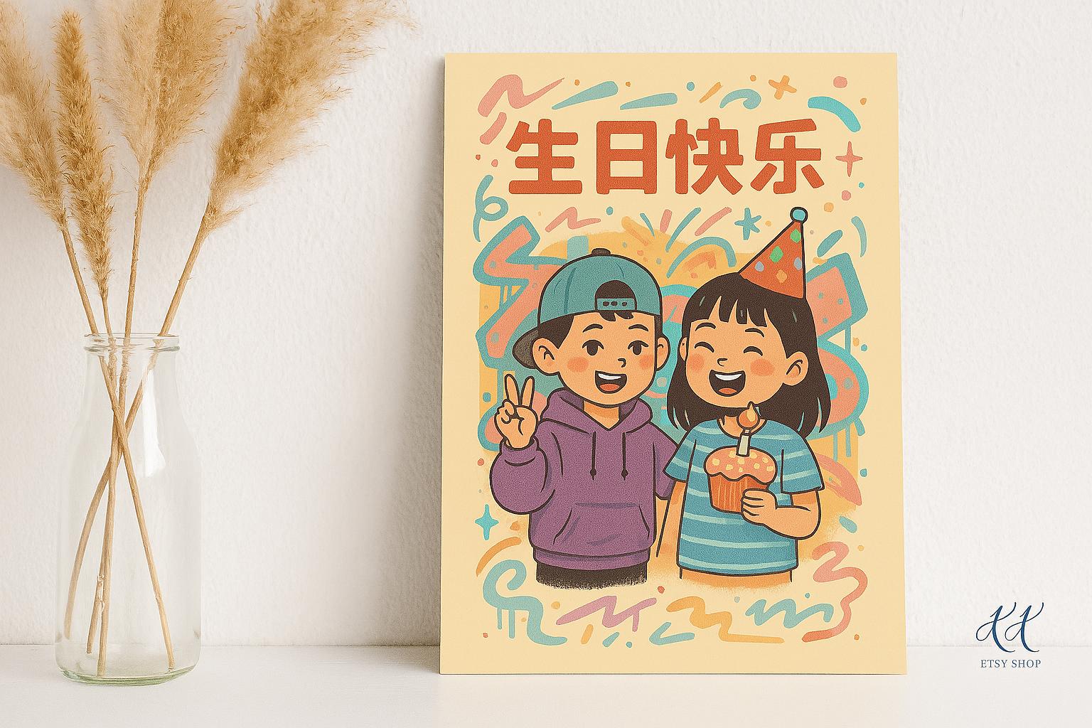Mandarin Chinese Birthday Card for Kids: 生日快乐, Printable (digital ...