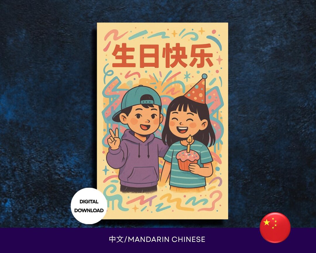 Mandarin Chinese Birthday Card for Kids: 生日快乐, Printable (digital ...