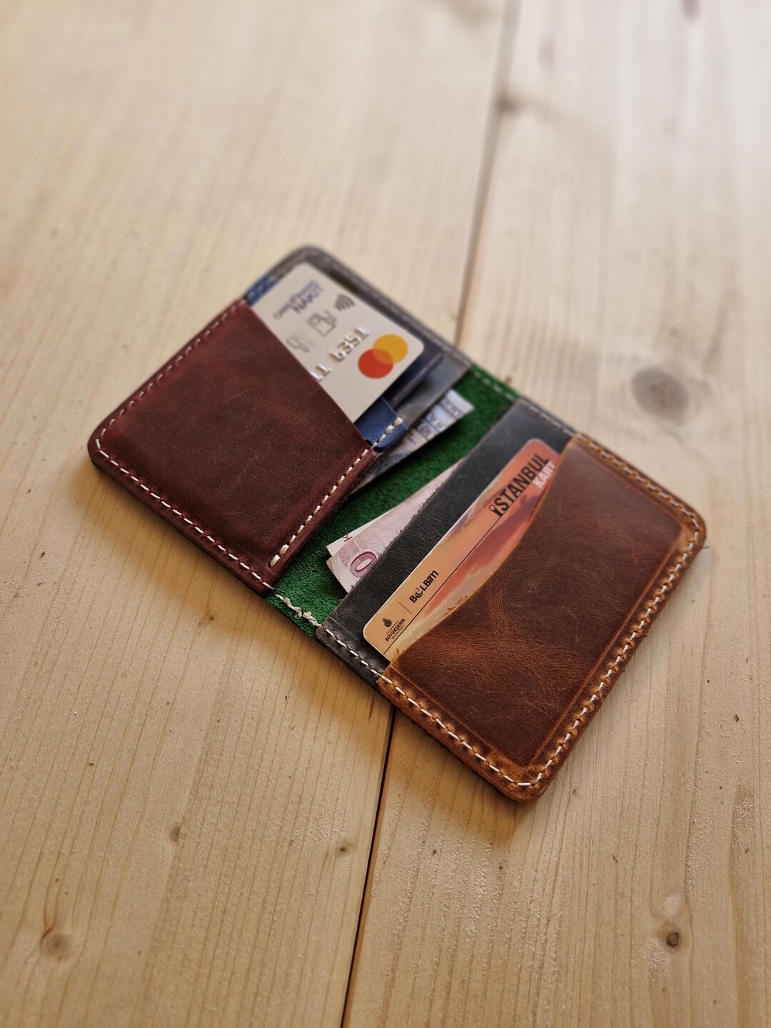 Leather Bifold Card Wallet: Multicolor Handmade Crazy Horse Calf ...