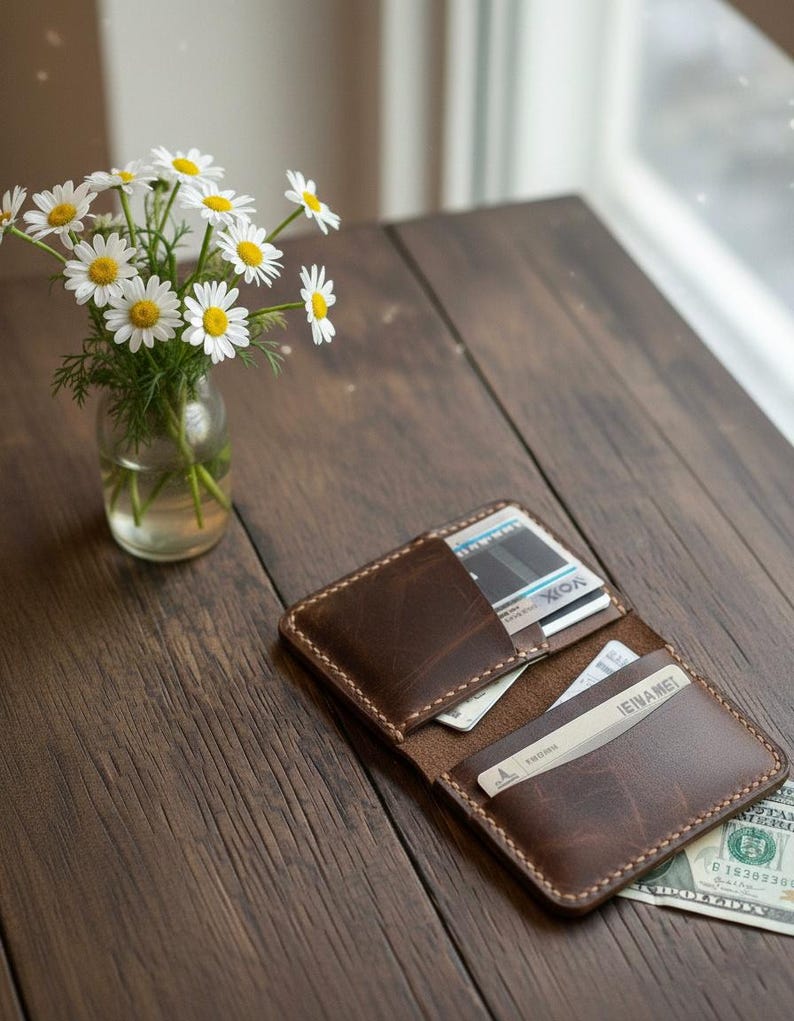 Handmade Leather Bifold Card Holder: Personalized Front Pocket Wallet ...