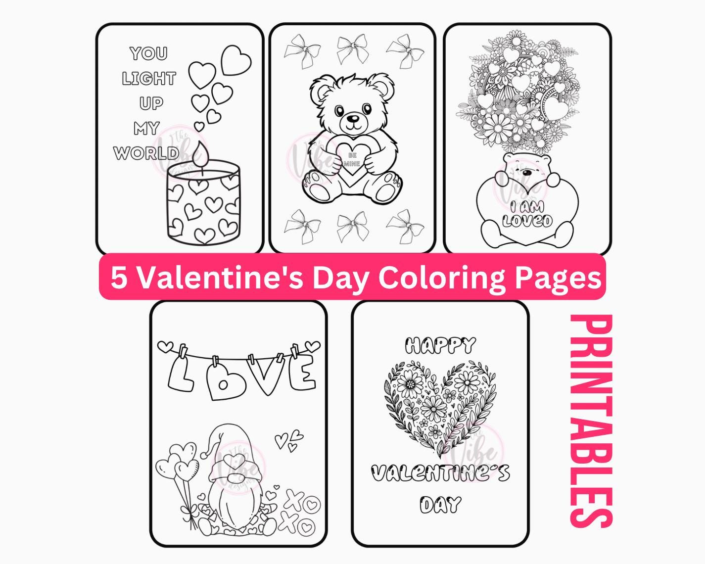 5 Printable Valentines Day Coloring Pages,hearts Coloring Packet ...