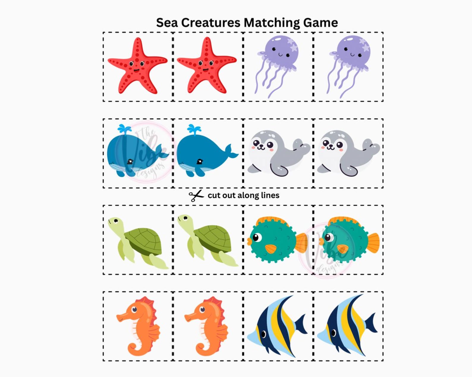 Sea Creatures Matching Game for Kids, Printable Sea Animals Matching ...