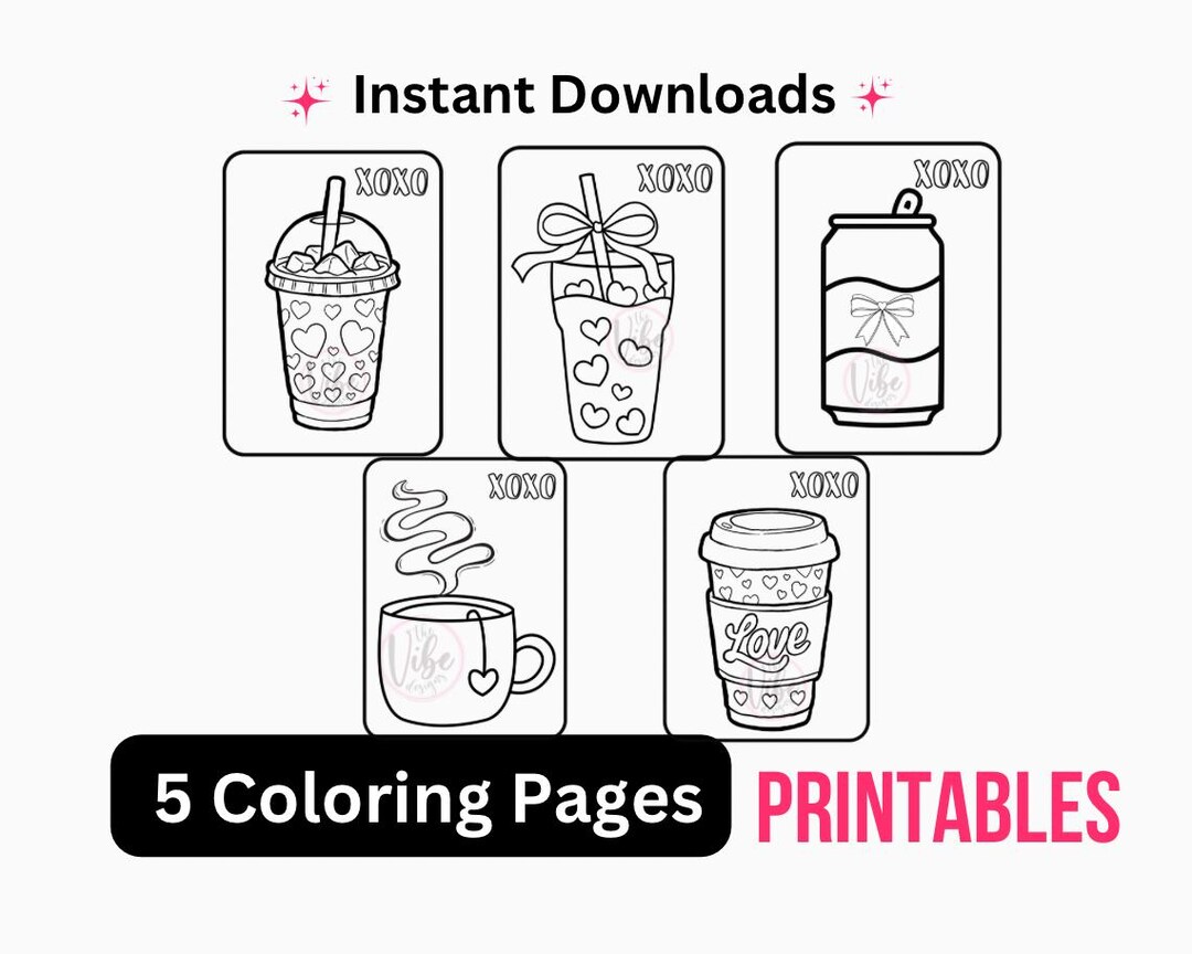 5 Printable Drinks Coloring Pages,valentines Coloring Packet, Adult ...