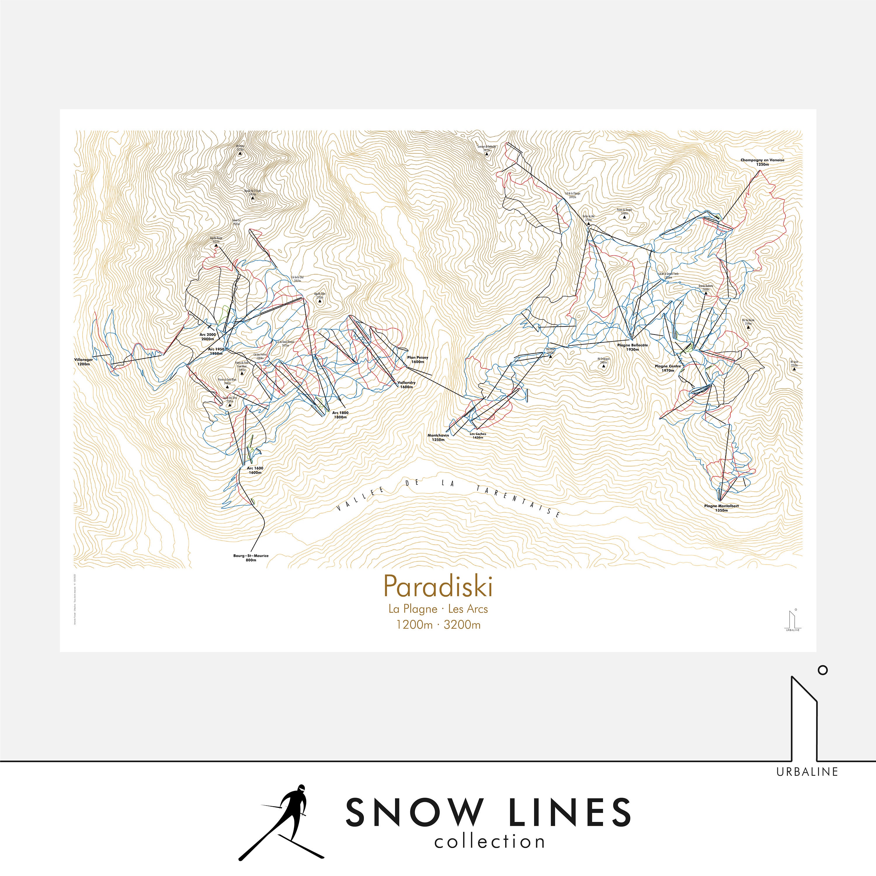 Paradiski Ski Resort Map Minimalist Poster, Les Arcs / La Plagne ...